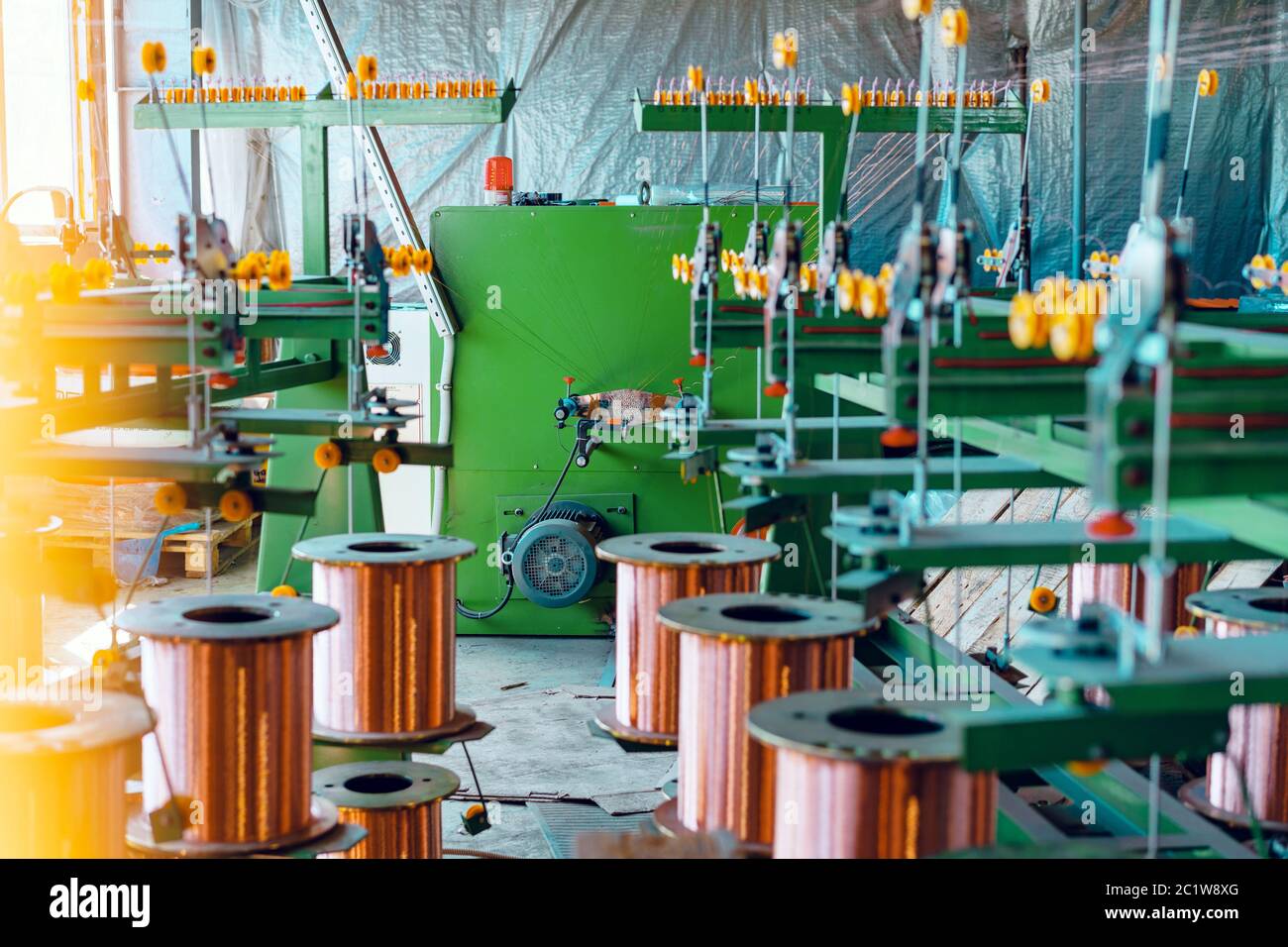 Production of copper wire, cable in reels at factory. Cable factory ...