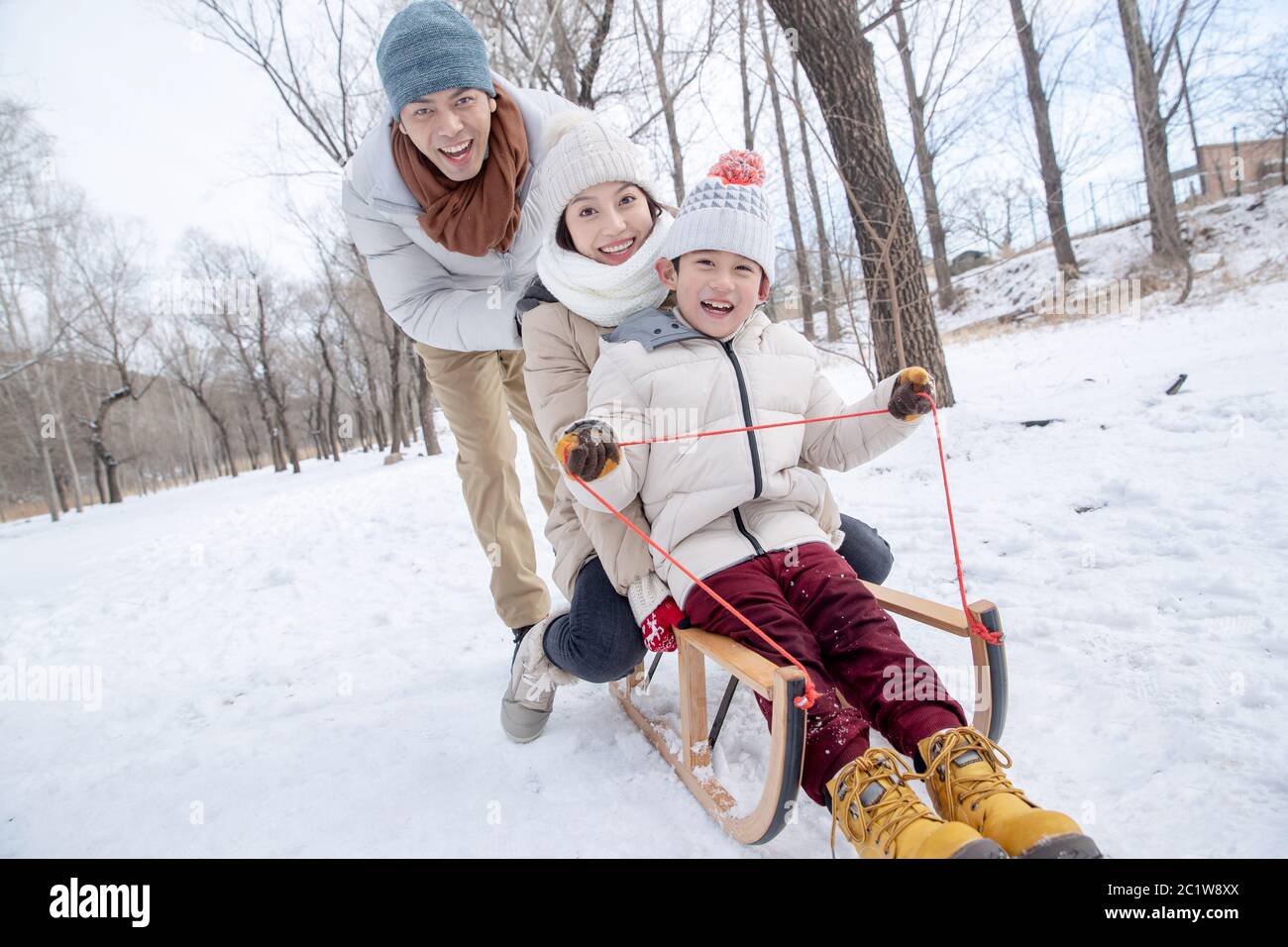 Playing in the snow sled family Stock Photo - Alamy