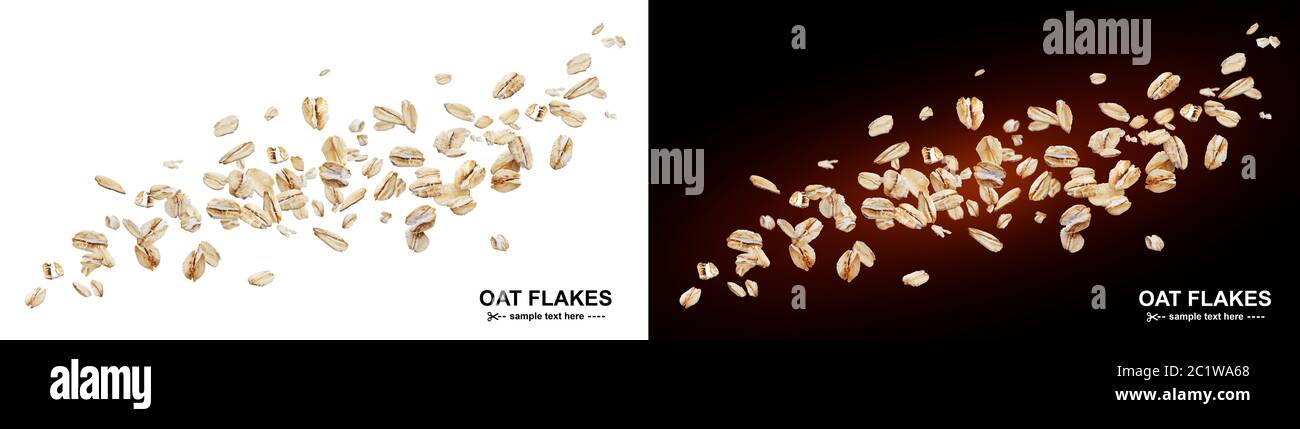 Flying oat flakes isolated on white and black backgrounds Stock Photo ...