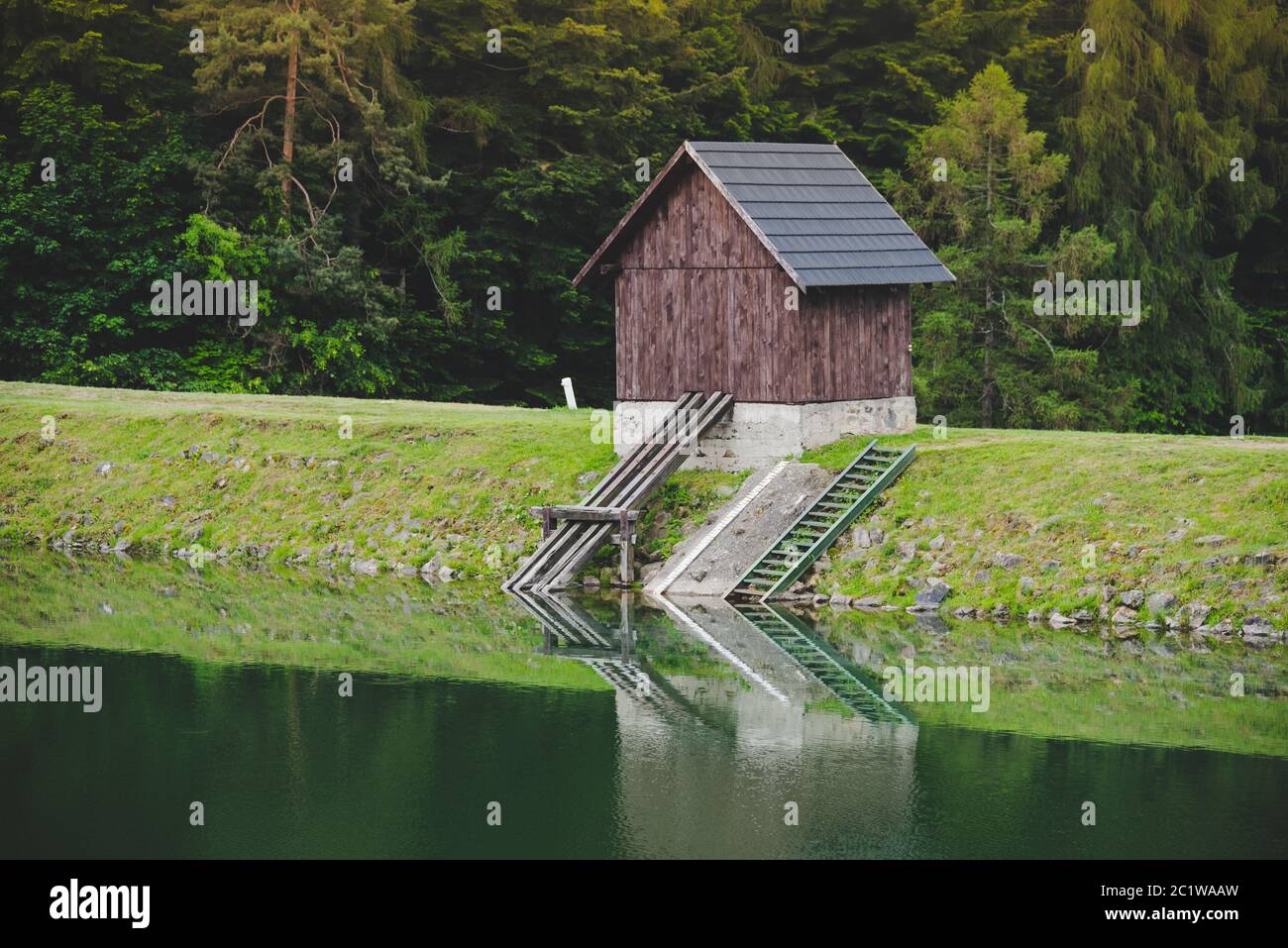 Small wooden house by the lake, Banska Stiavnica, Slovakia, Klinger ...