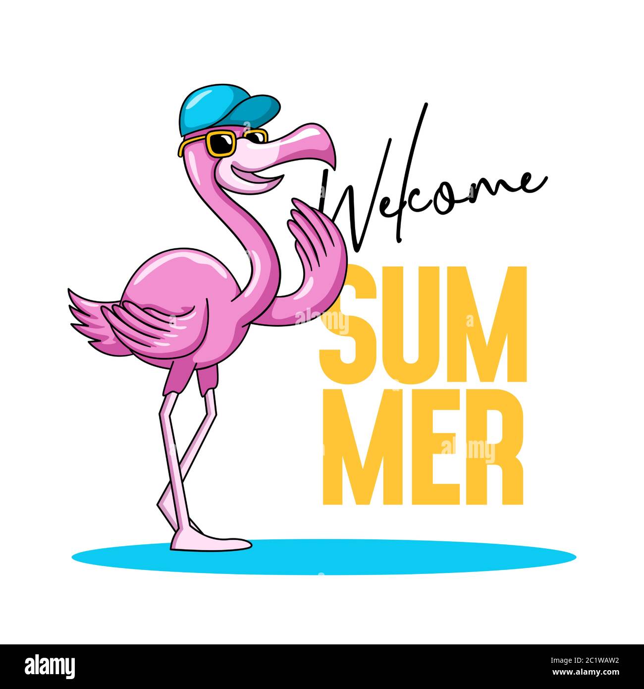 Cool flamingo stand with Welcome summer typography text vector ...