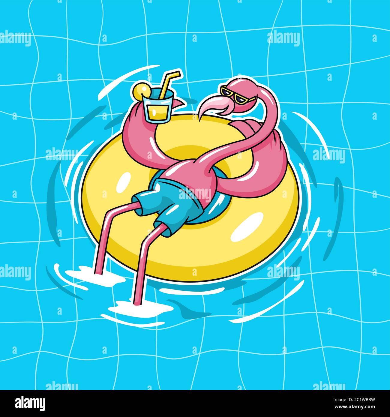 Flamingo exotic bird sitting on doughnut pool float wear sun glasses ...