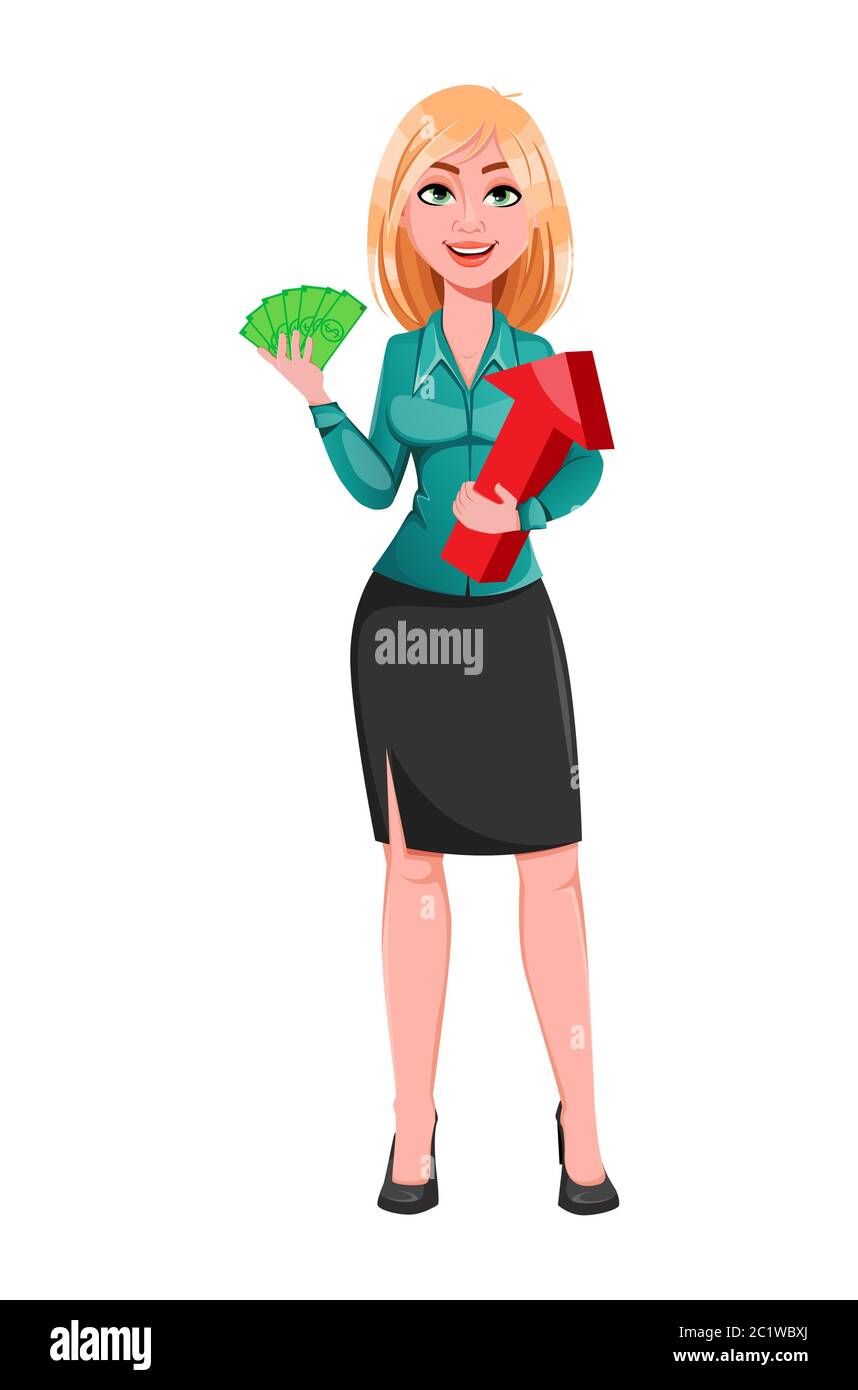 Young successful business woman holding money and red arrow. Blond ...