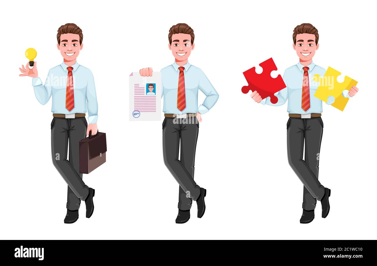 Successful business man, set of three poses. Handsome businessman in ...