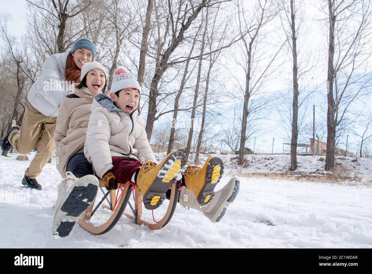Playing in the snow sled family Stock Photo - Alamy