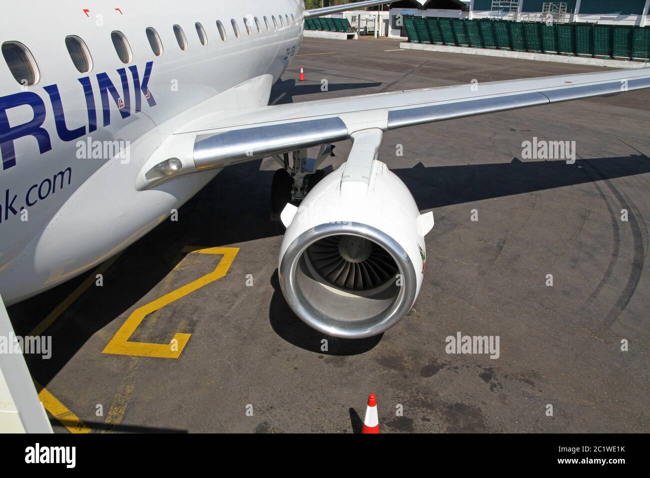 Side engine on wing of airline jetliner aeroplane, Fascene Airport ...