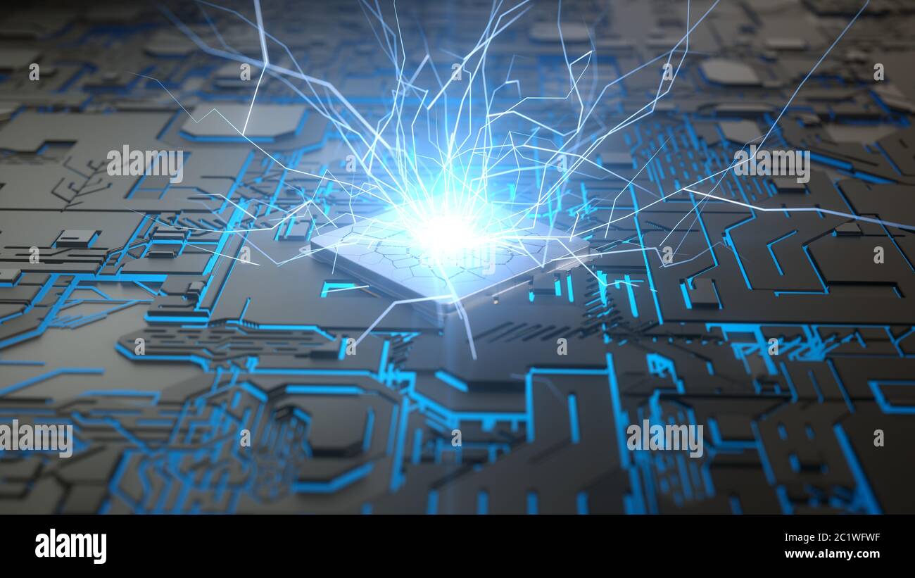 cpu concept with electric arcs and light beam on processor. suitable ...