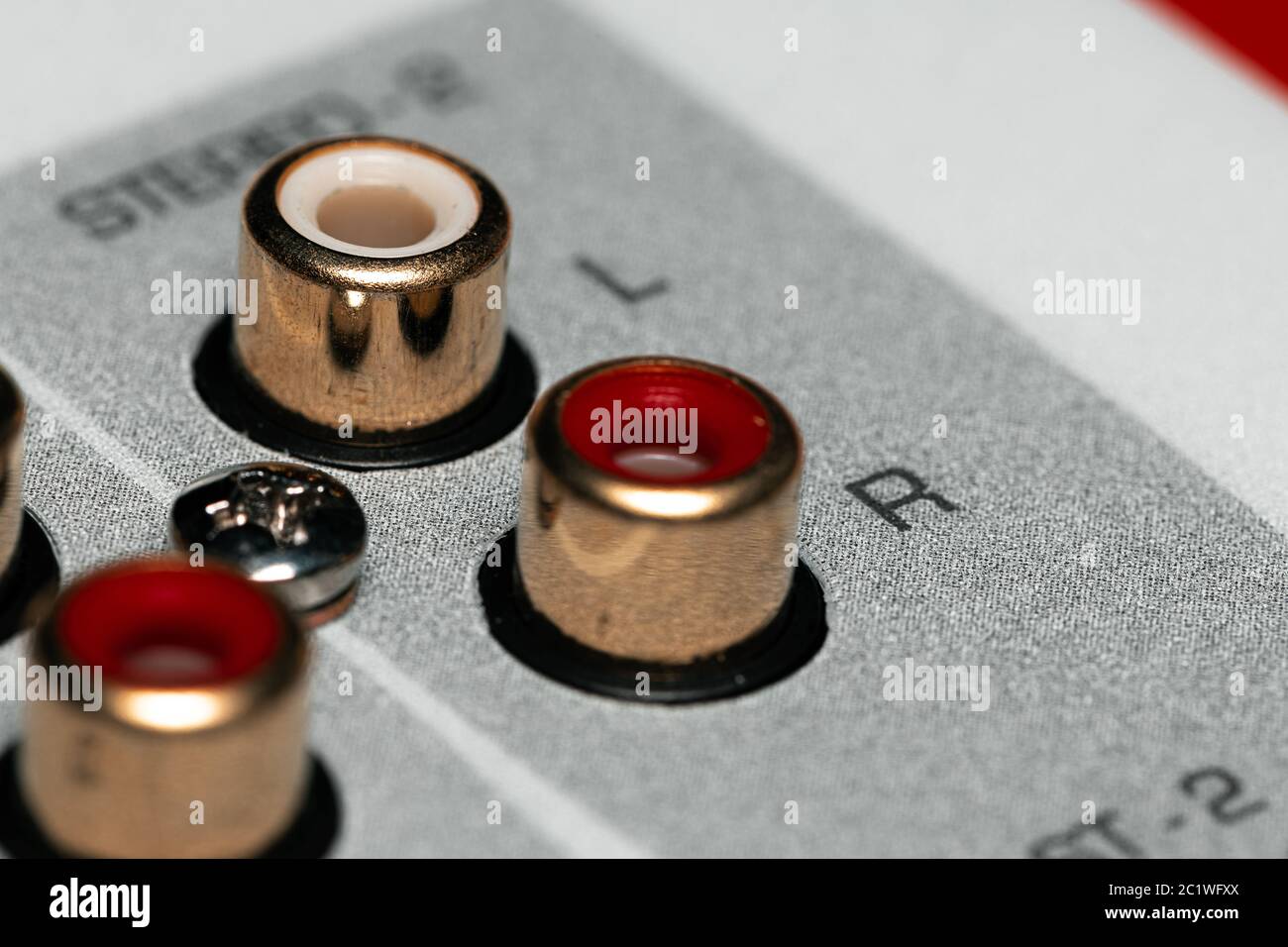 Rear panel of music system amplifier with wires Stock Photo - Alamy