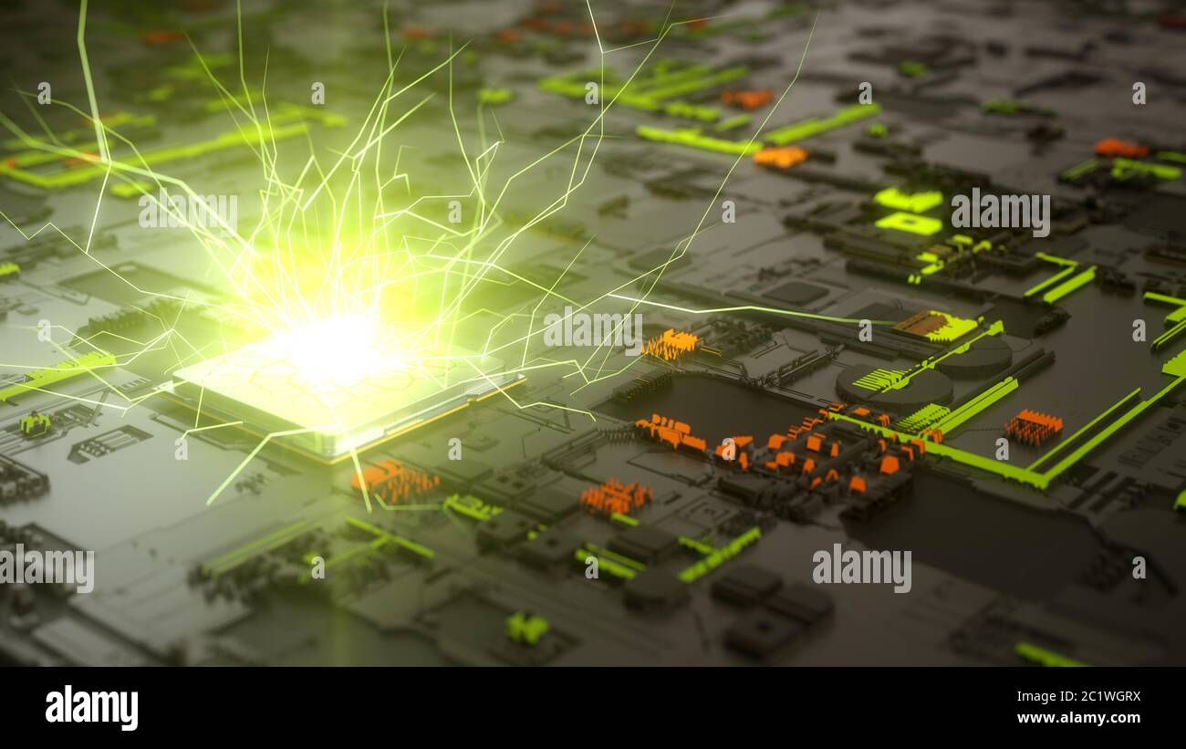 cpu concept with green electric arcs and light beam on processor ...