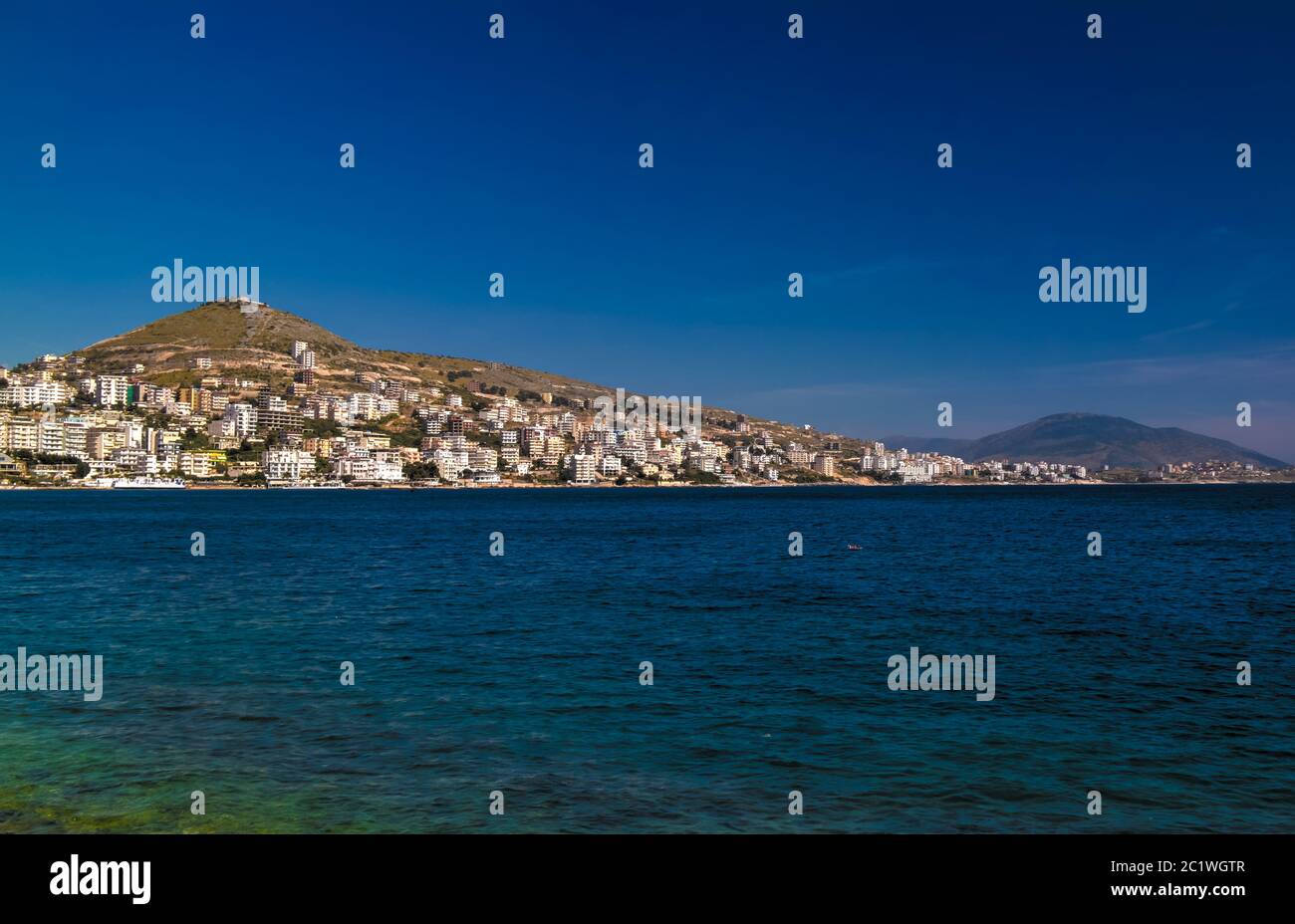 Panoramic view to Saranda city and bay of Ionian sea, Albania Stock ...