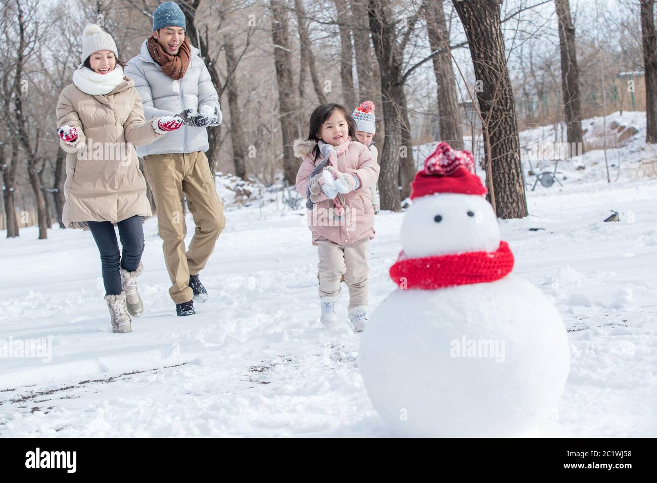 Happy family playing in the snow Stock Photo - Alamy