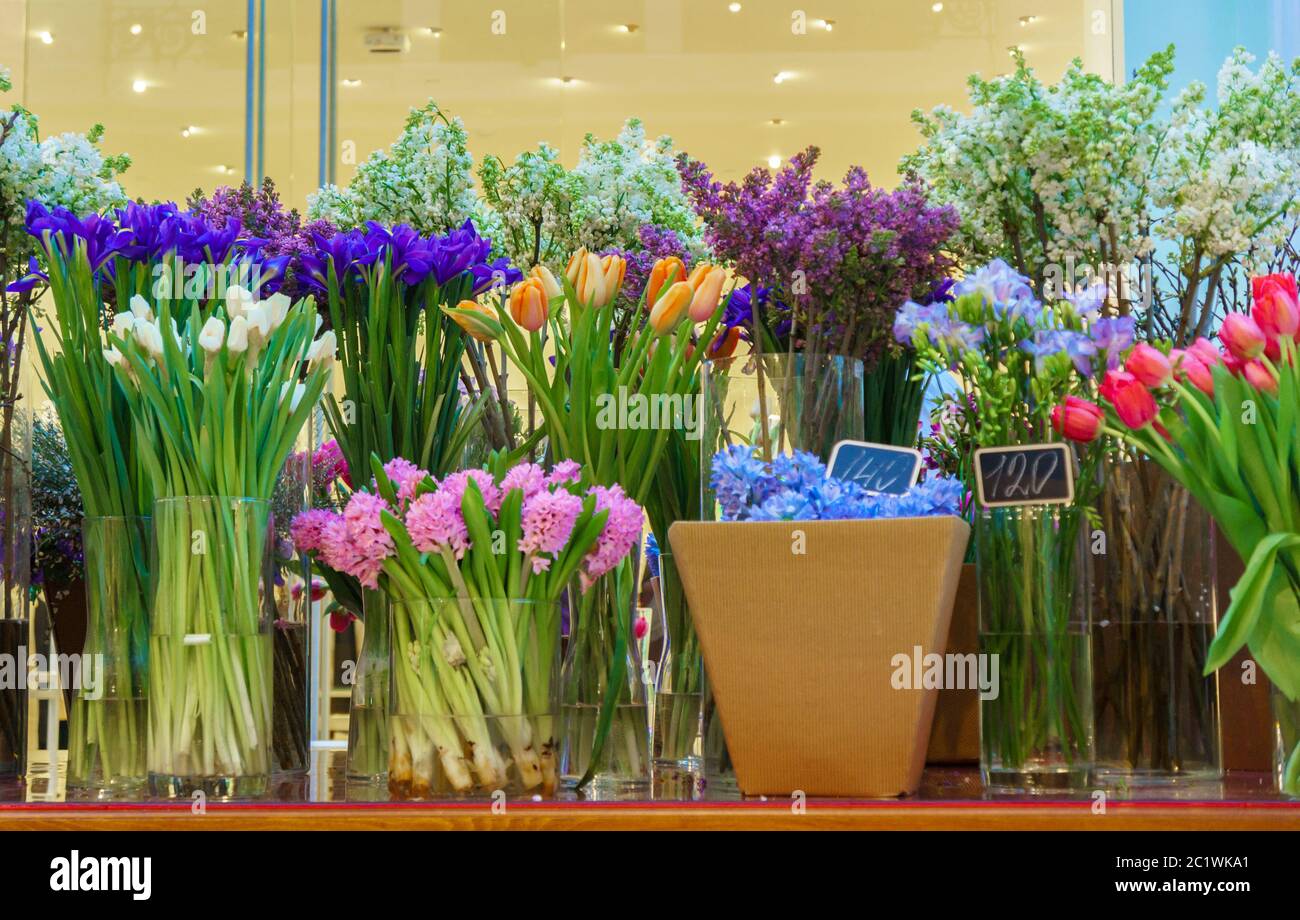 Flower shop concept. Close-up beautiful lovely bouquet of mixed flowers ...