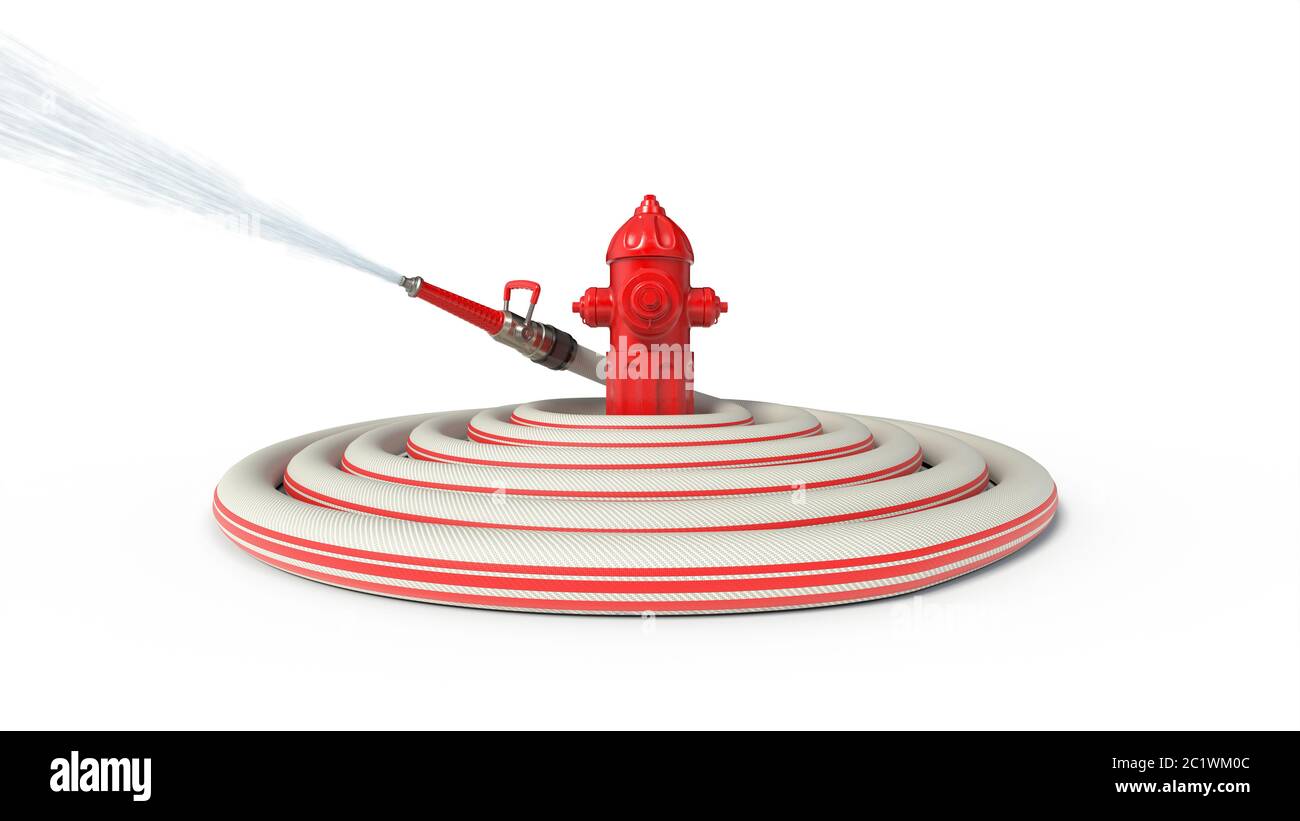 fire hose wrapped around of hydrant and squirting water. isolated on ...