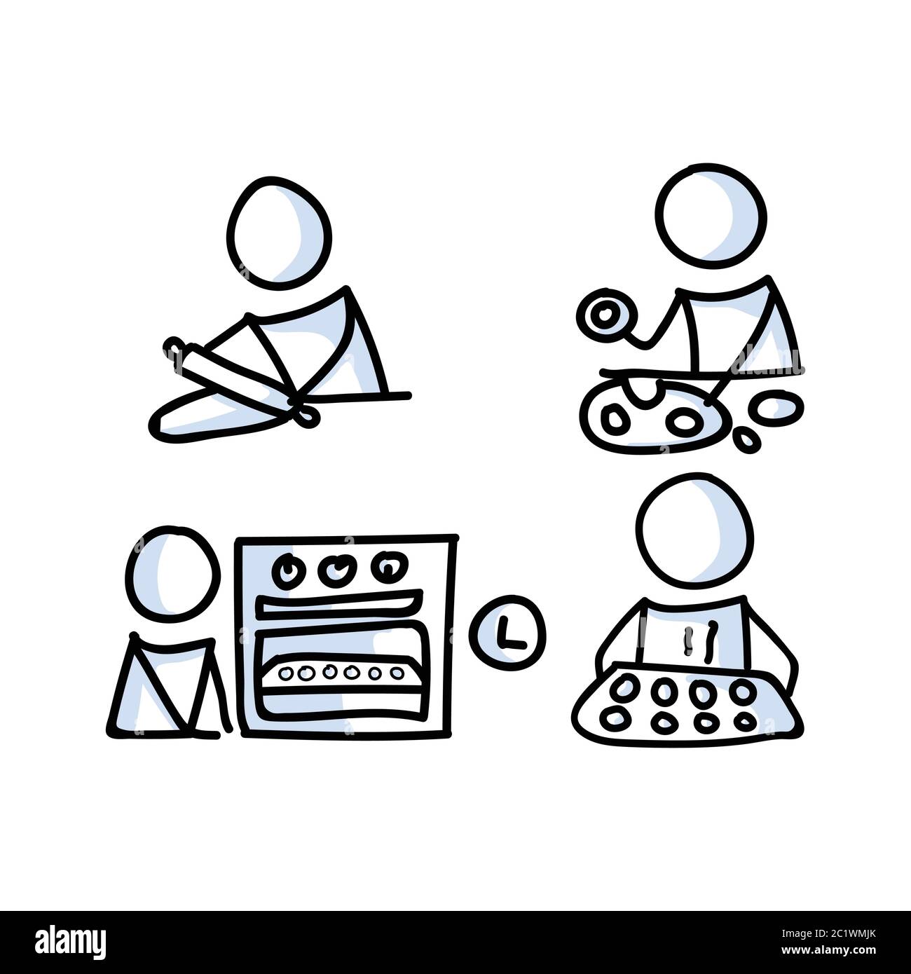 Cute stick figure chef baker set lineart icon. Dinner preparation ...