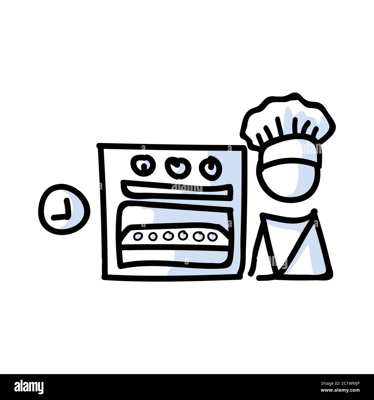 Cute stick figure chef baker using oven lineart icon. Dinner ...