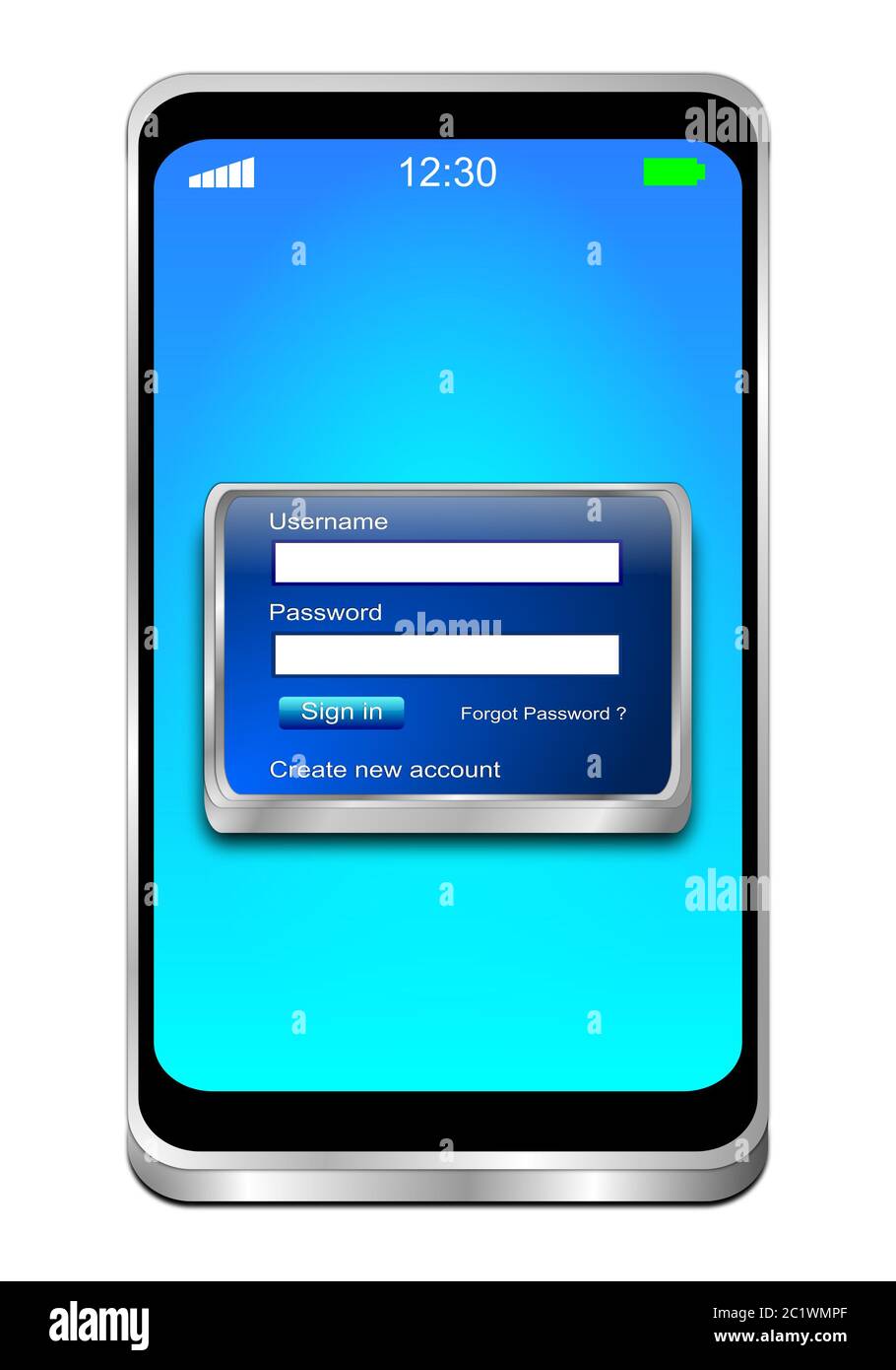 Smartphone with blue Login Screen on blue desktop - 3D illustration ...