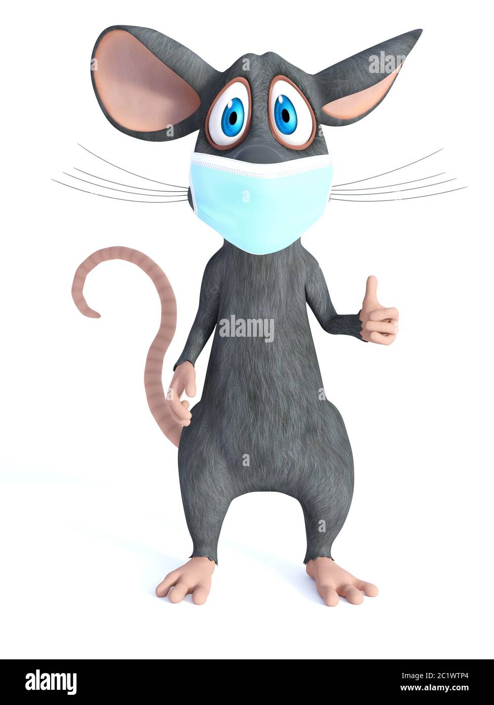 3D rendering of a cute cartoon mouse wearing a face mask and doing a ...