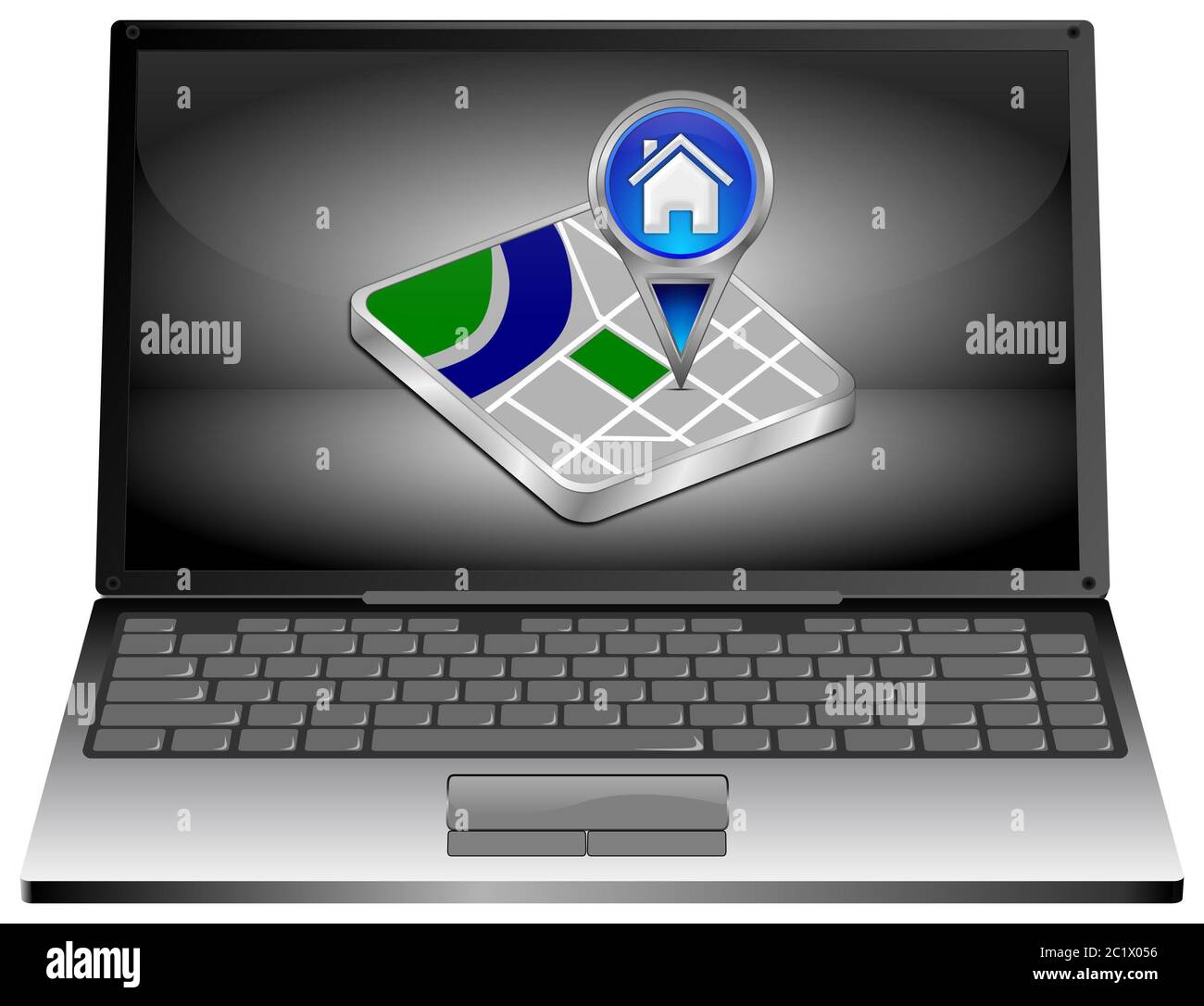 Laptop Computer with blue Home map pointer on silver desktop - 3D ...