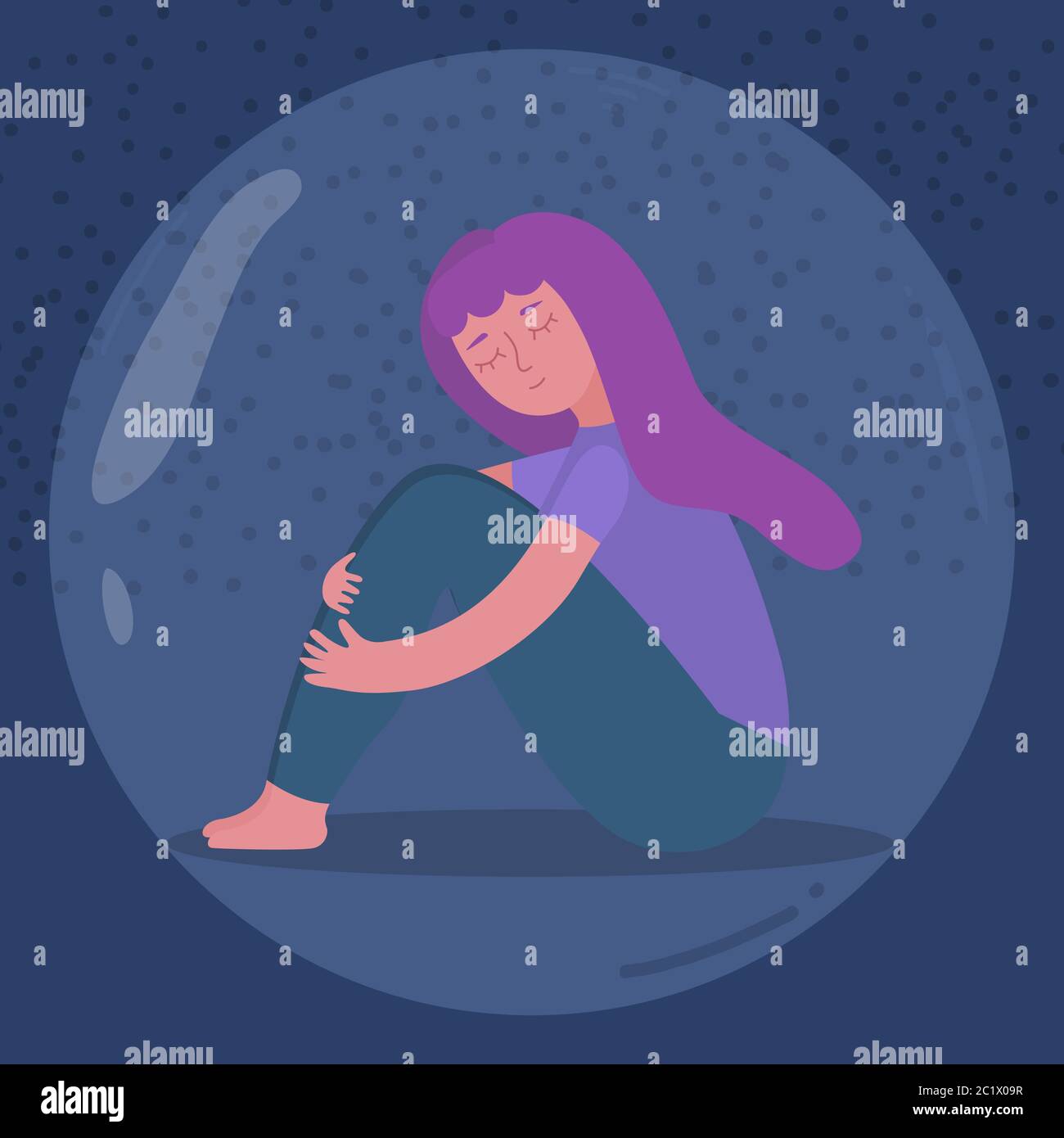 Person sitting inside bubble on blue background. Cartoon vector ...