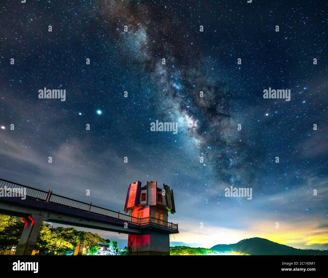 Night landscape at a hydroelectric dam with galaxies shining in the sky ...