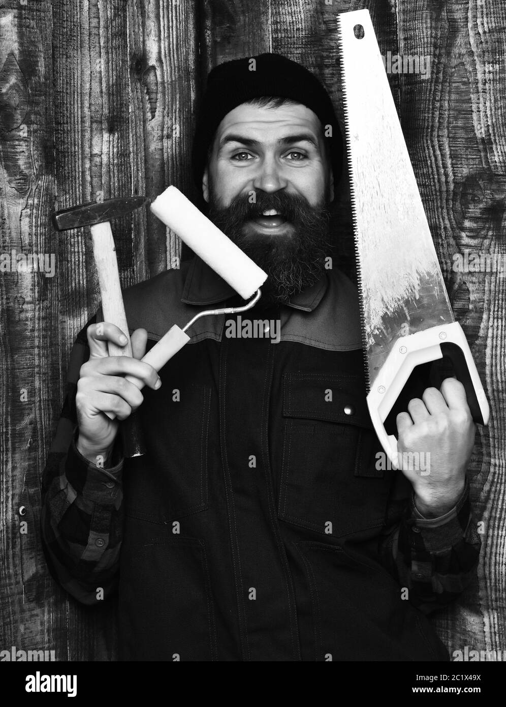 bearded builder, long beard, brutal caucasian hipster with moustache ...