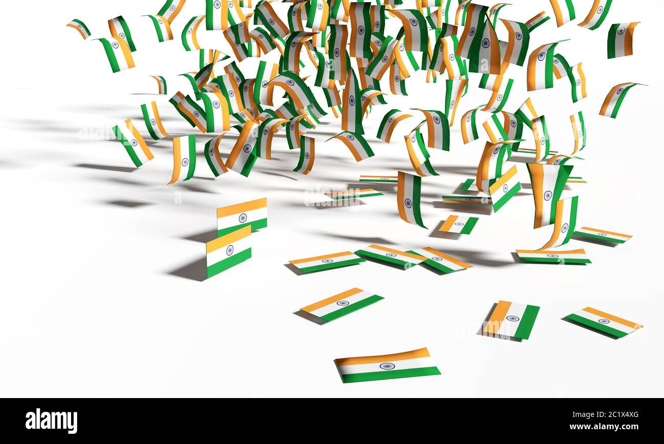Many notes and flags from India are falling down to the ground Stock ...