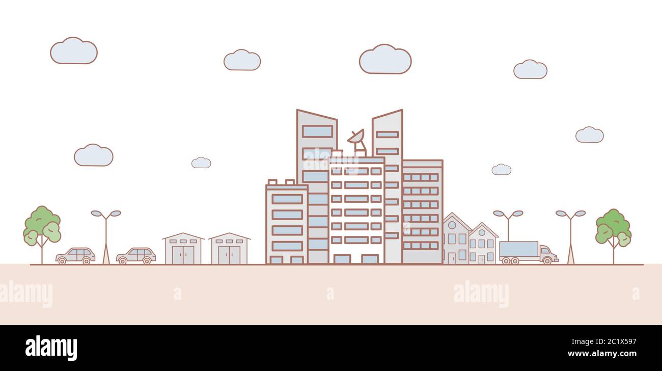 Cityscape vector cartoon outline illustration. Urban landscape, the ...
