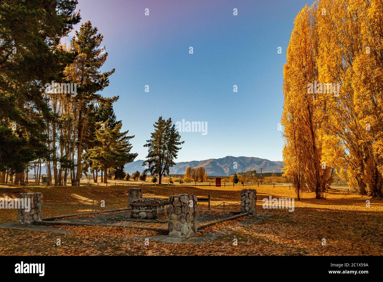 Memorial to early settlers in Albert Town, Otago, New Zealand Stock ...