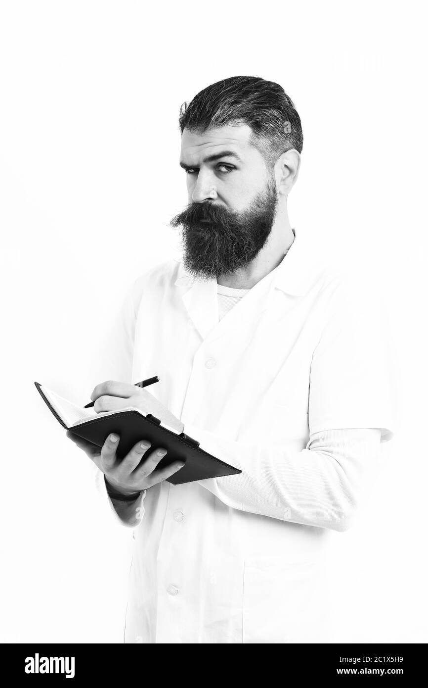 Bearded man, long beard. Brutal caucasian doctor or unshaven hipster ...