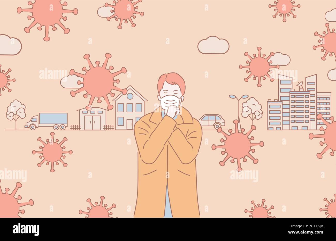 Air pollution vector cartoon outline illustration. Man in protective ...