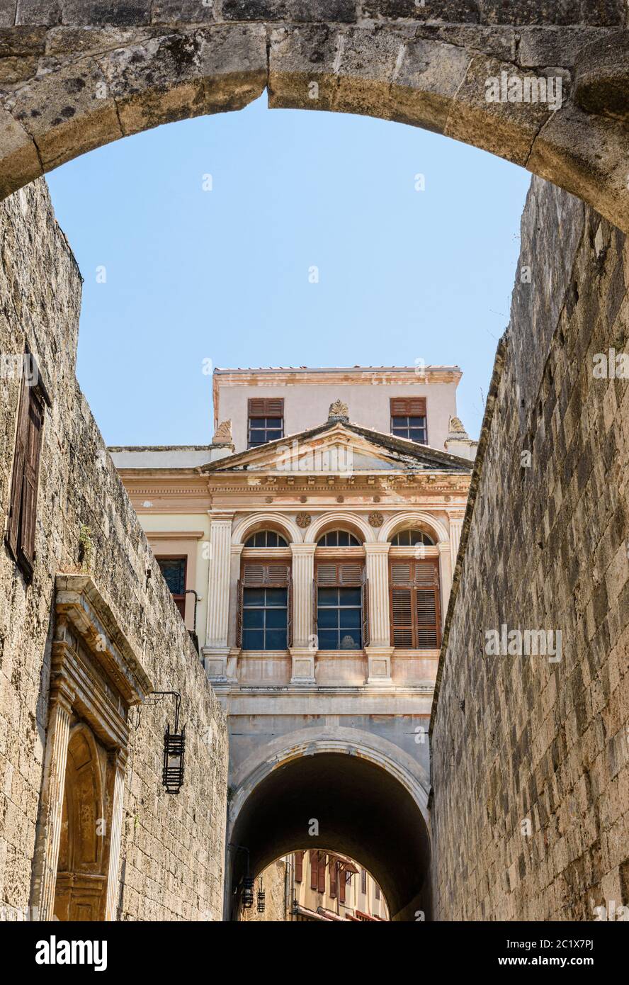 Rhodes Old Town arched buttresses and historic buildings in the old ...