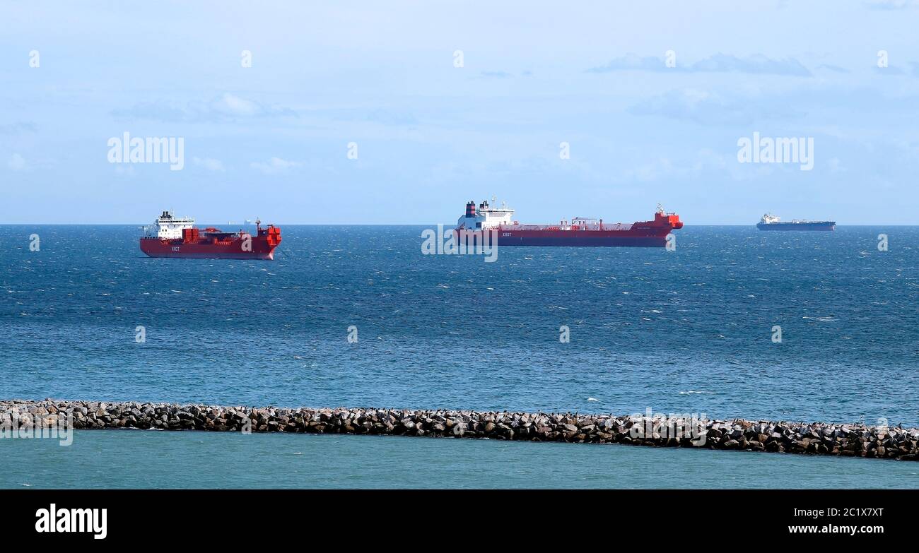 Three Merchant Ships anchored of the coast of Skagen, in Denmark. 2019 ...