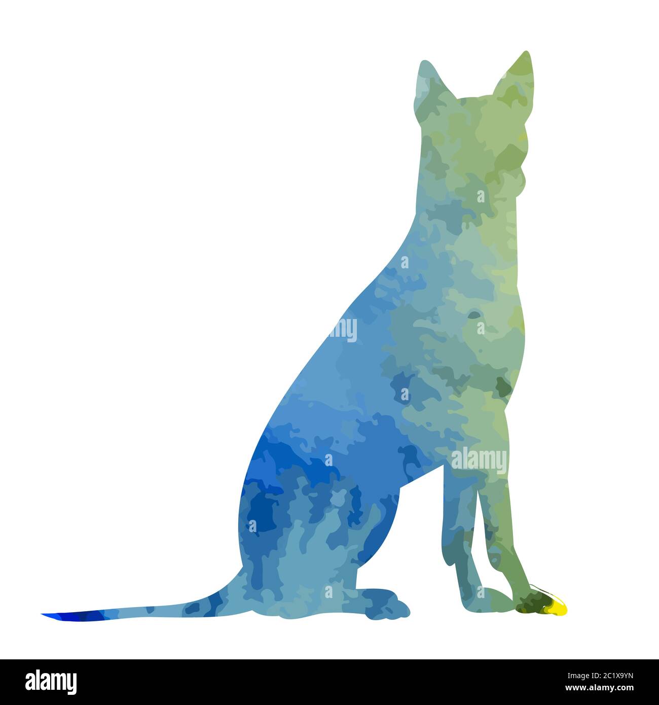 vector, on a white background, blue watercolor silhouette of a dog ...