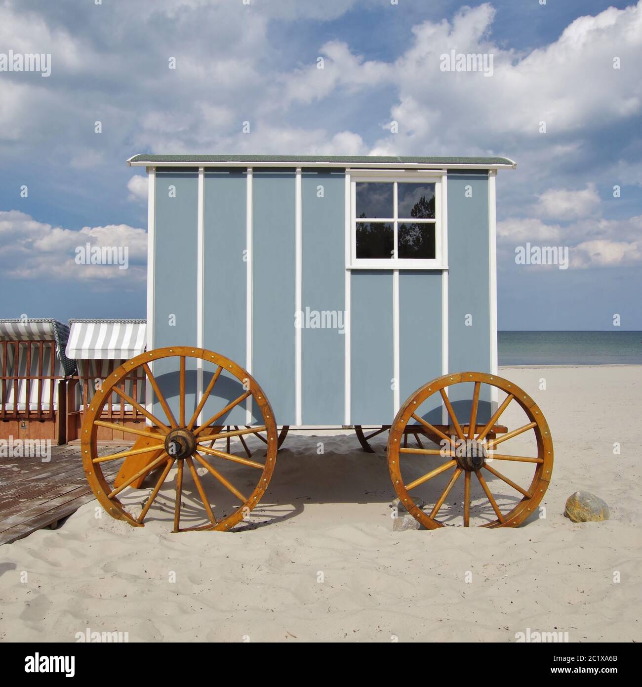 Bathing cart on the sandy beach of Binz, Island of RÃ¼gen, Germany ...