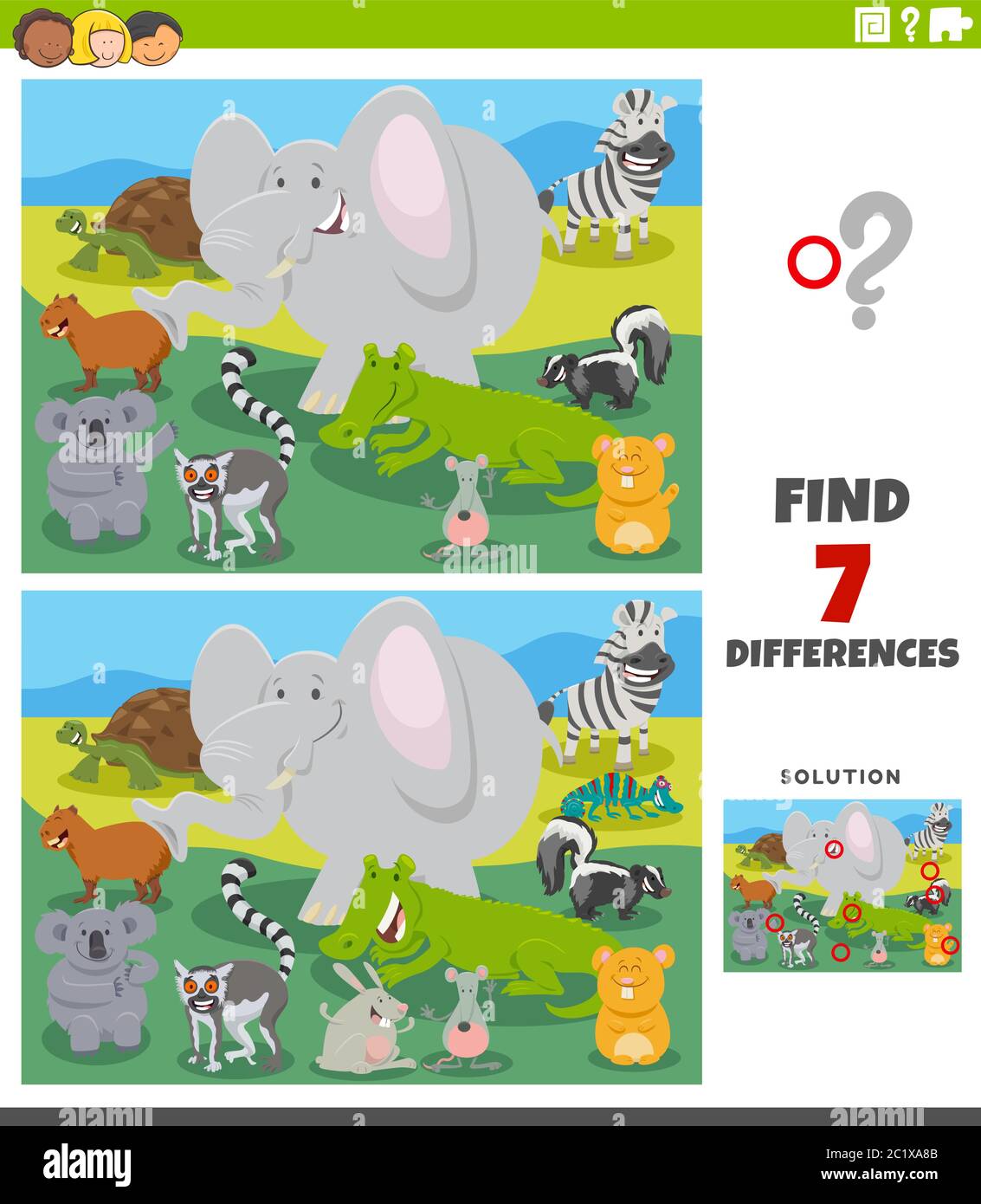 Cartoon Illustration of Finding Differences Between Pictures Educational Task for Kids with Wild ...
