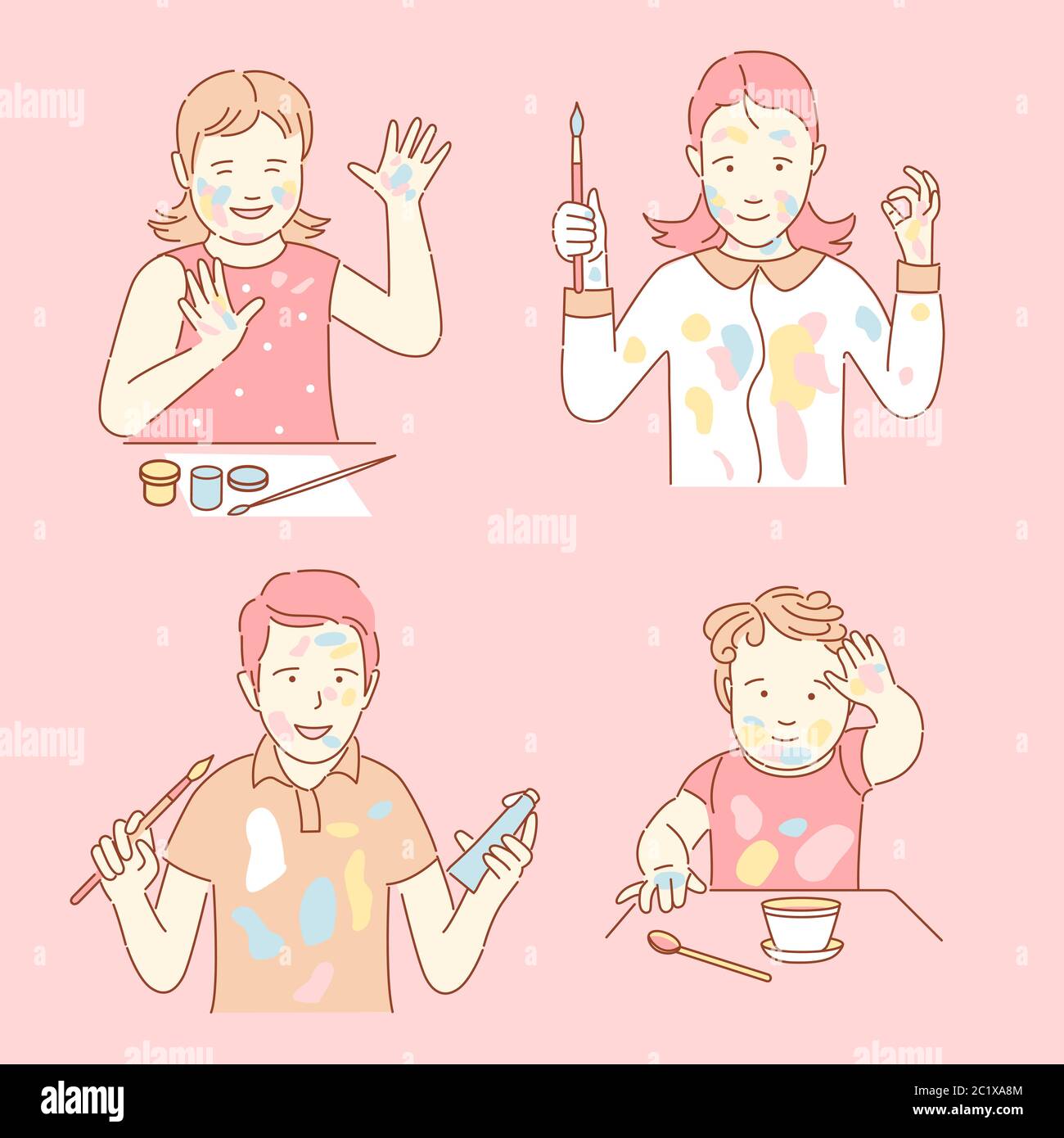 Happy stained with paint children vector cartoon outline illustration ...