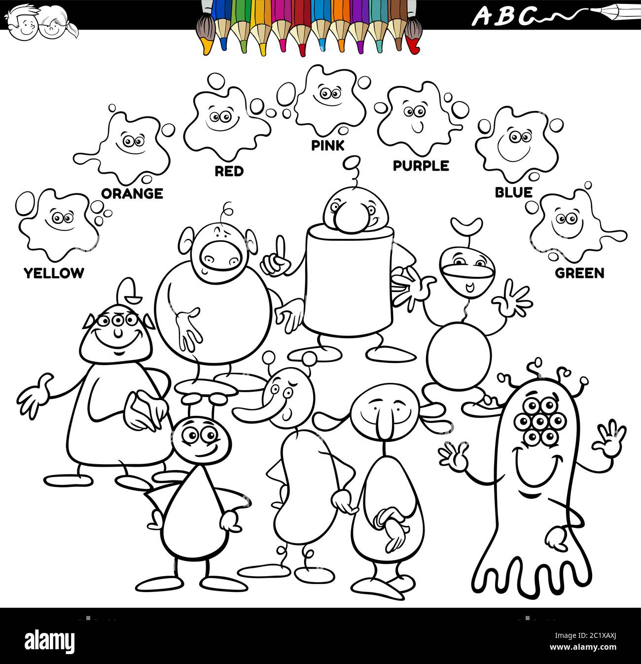 Black and White Educational Cartoon Illustration of Basic Colors with ...