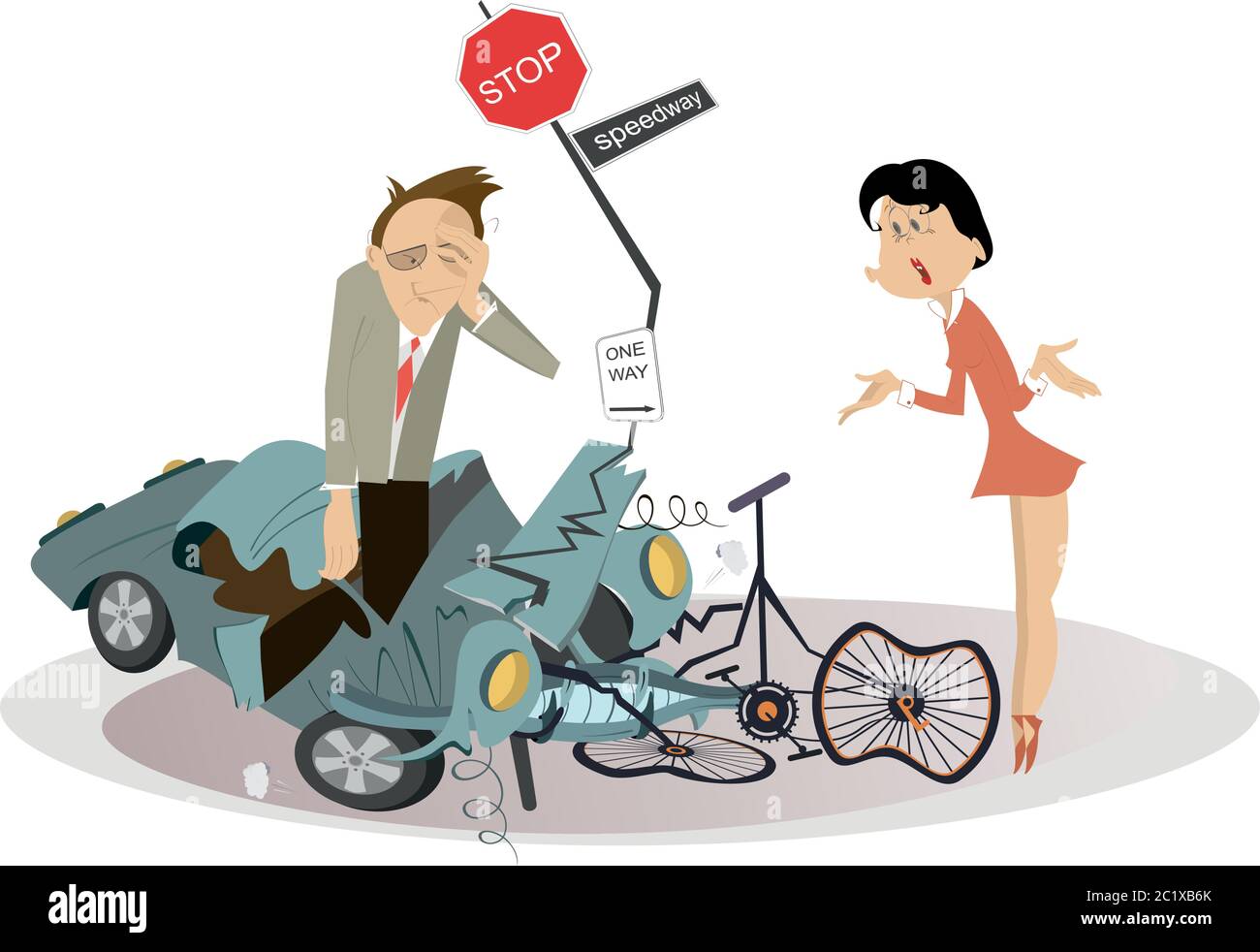Road accident, driver, cyclist and broken bike illustration.Angry woman ...