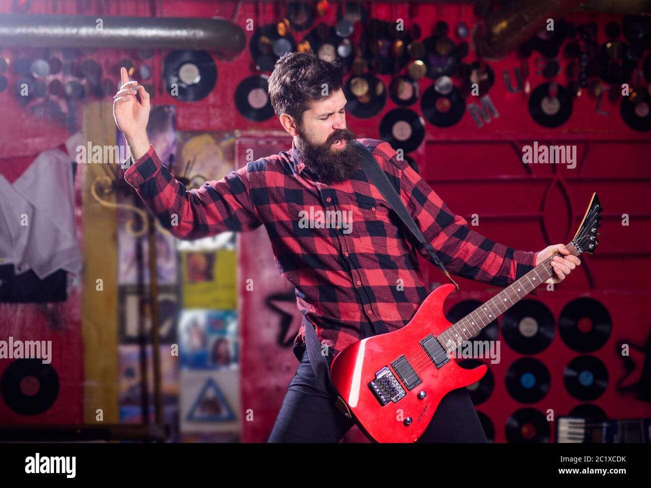 Man with shouting face play guitar, singing song, play music, music ...
