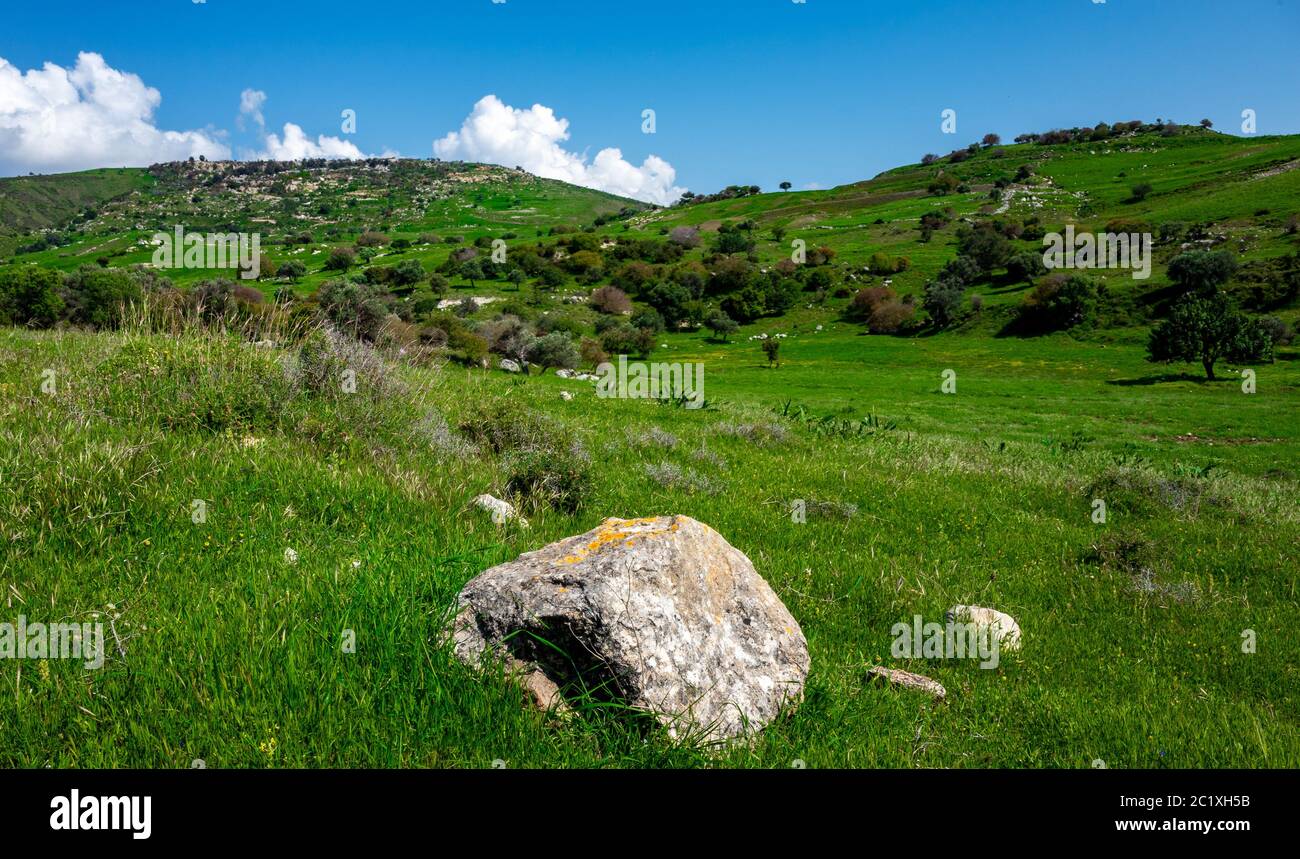 Water meadows and hills on the Mediterranean coast on the island of ...
