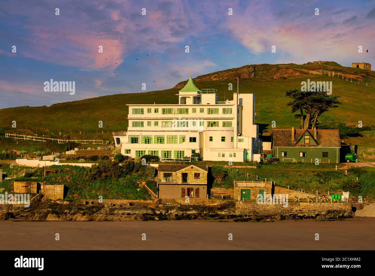 Burgh Island Hotel shot from Bigbury beach Stock Photo - Alamy