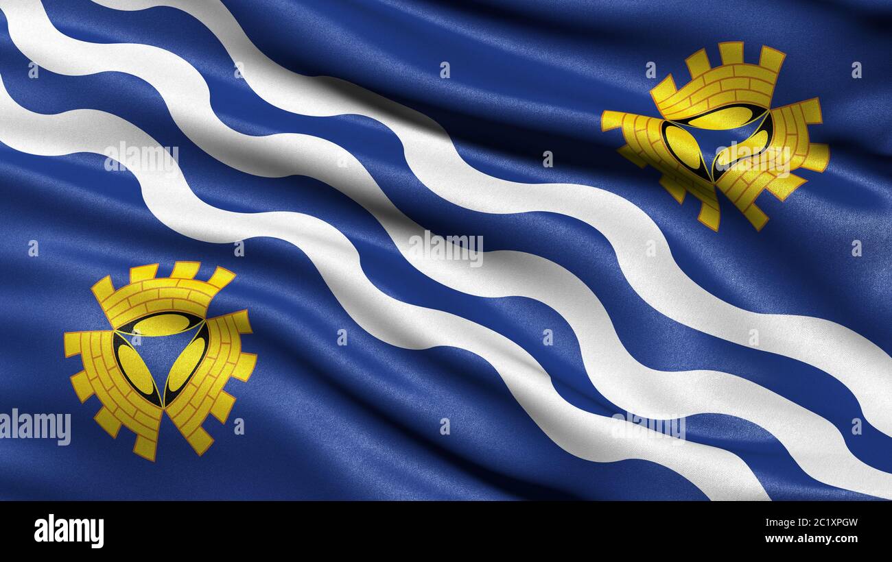 Flag of Merseyside waving in the wind. 3D illustration Stock Photo - Alamy