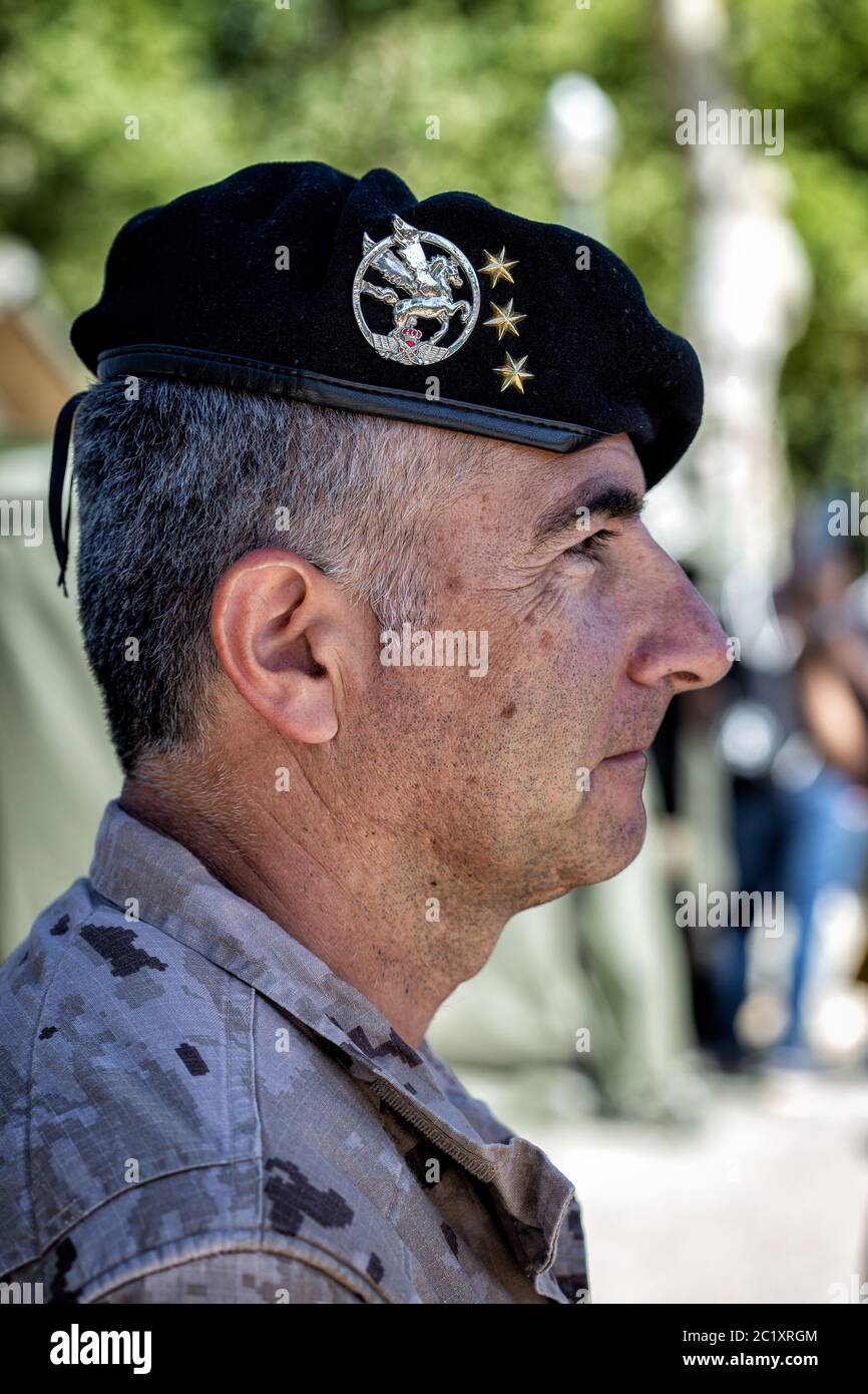 Portrait of Spanish soldier during display of spanish Armed Forces Day ...