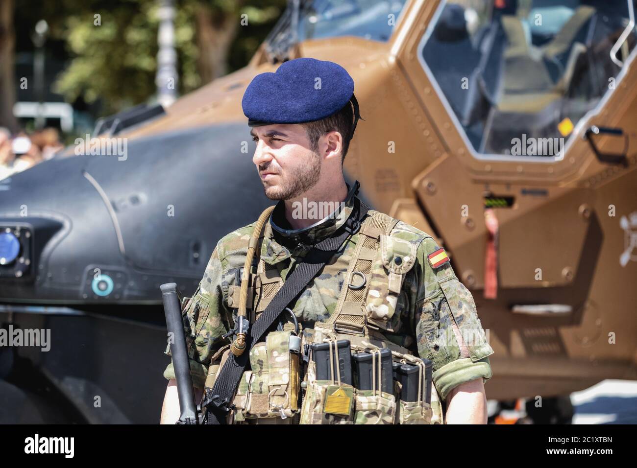 Portrait of Spanish soldier during display of spanish Armed Forces Day ...