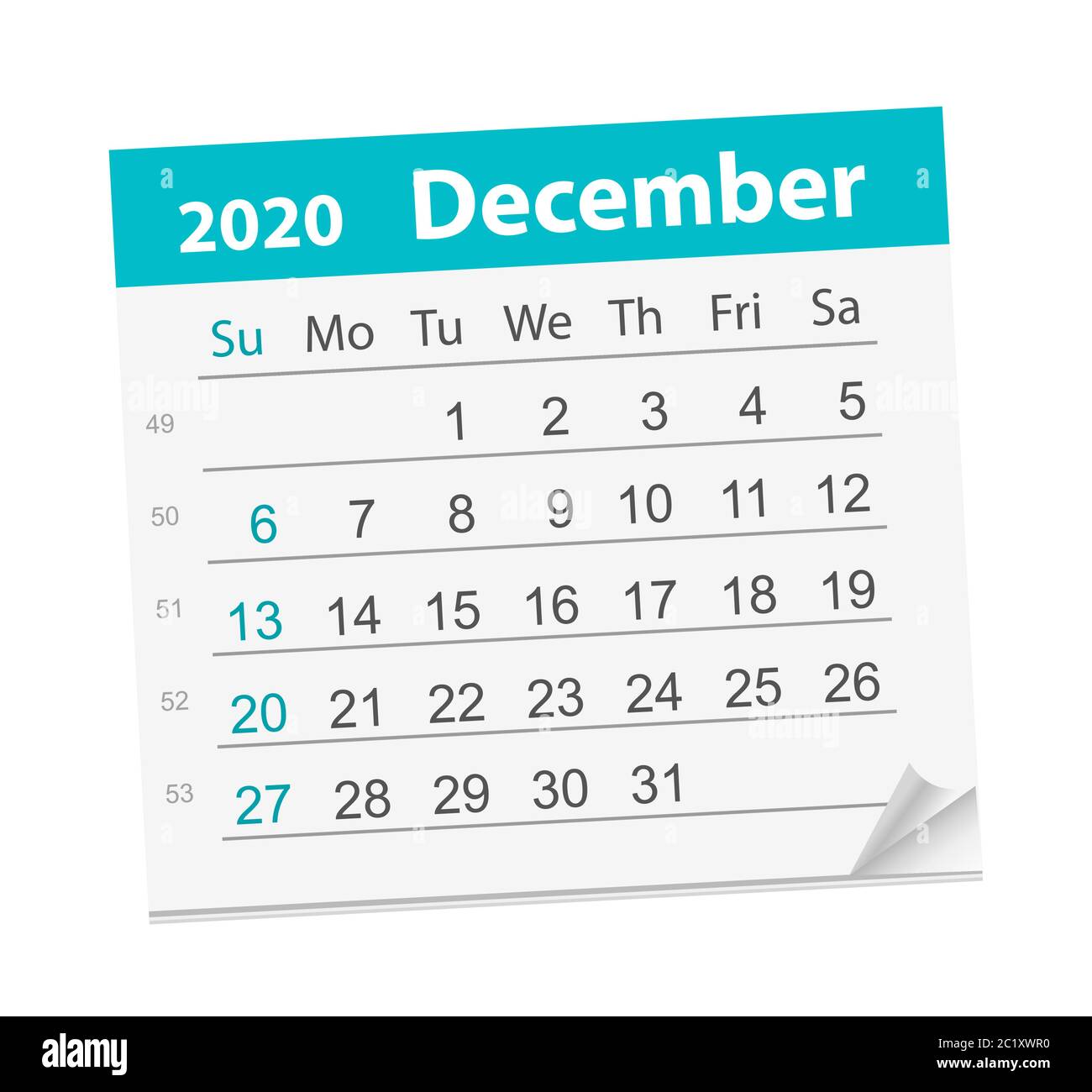 Calendar sheet for the month of December 2020. Vector Illustration. The ...
