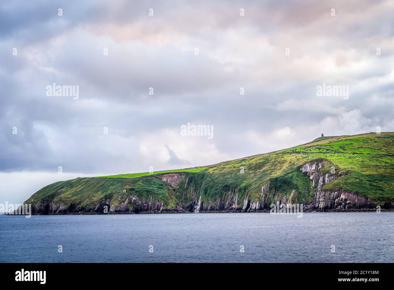 Island with tall cliffs and green fields with moody sky Stock Photo - Alamy