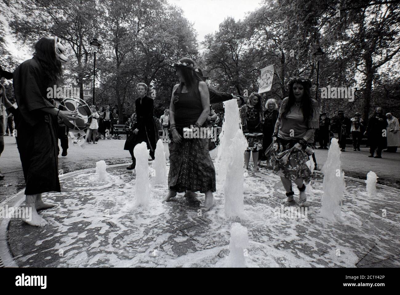 Pagans dancing in fountain, Pagan Pride Parade, London, UK. 13th May ...