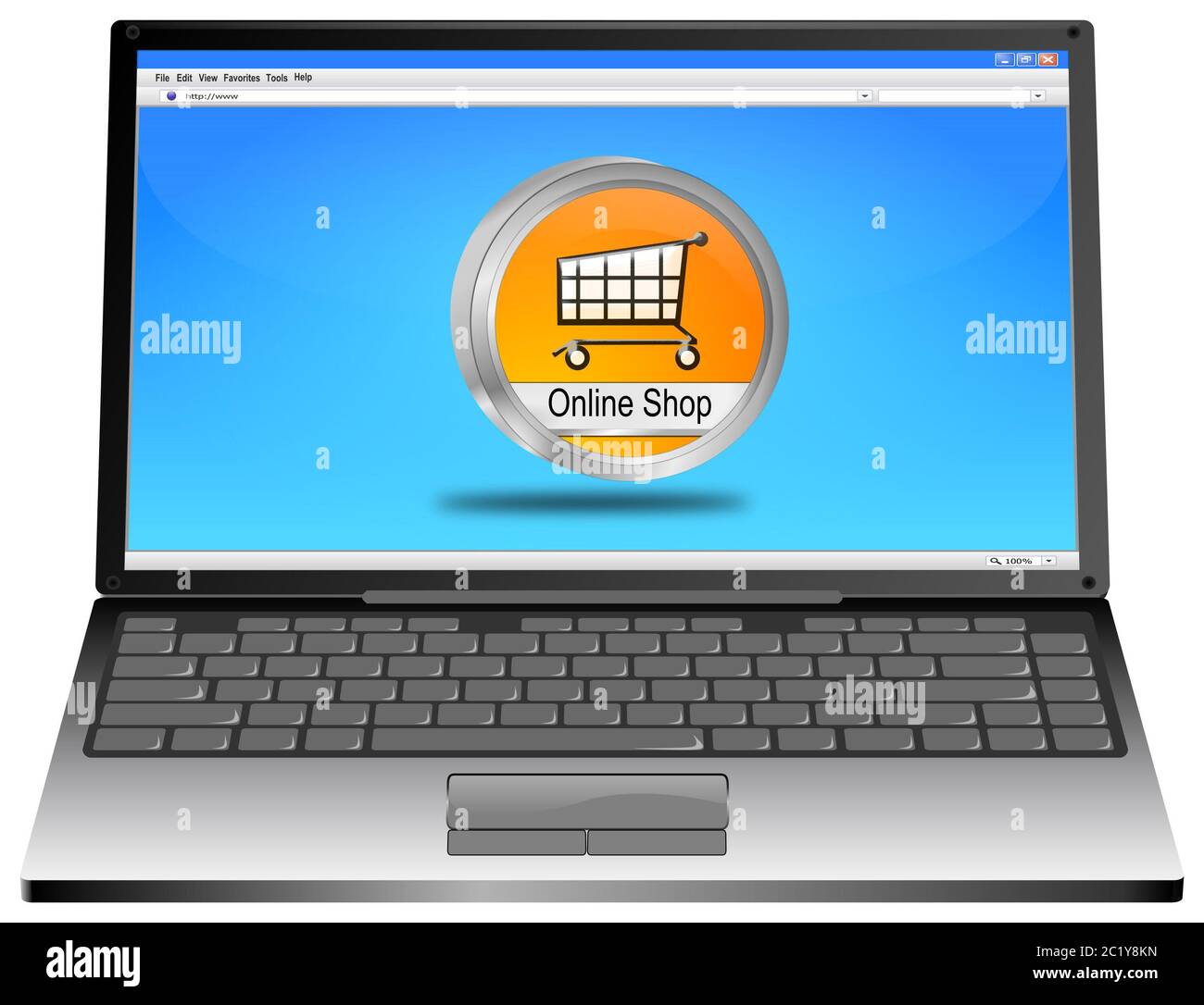 Laptop Computer with orange online Shop Button on glossy blue desktop ...