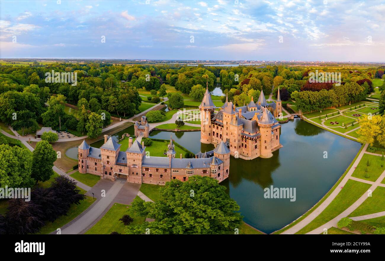 Aerial panoramic view of De Haar Castle, a neoclassical landmark ...