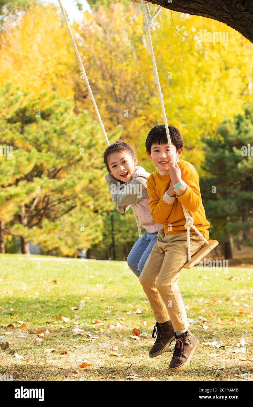 Two children play on a swing in the park Stock Photo - Alamy